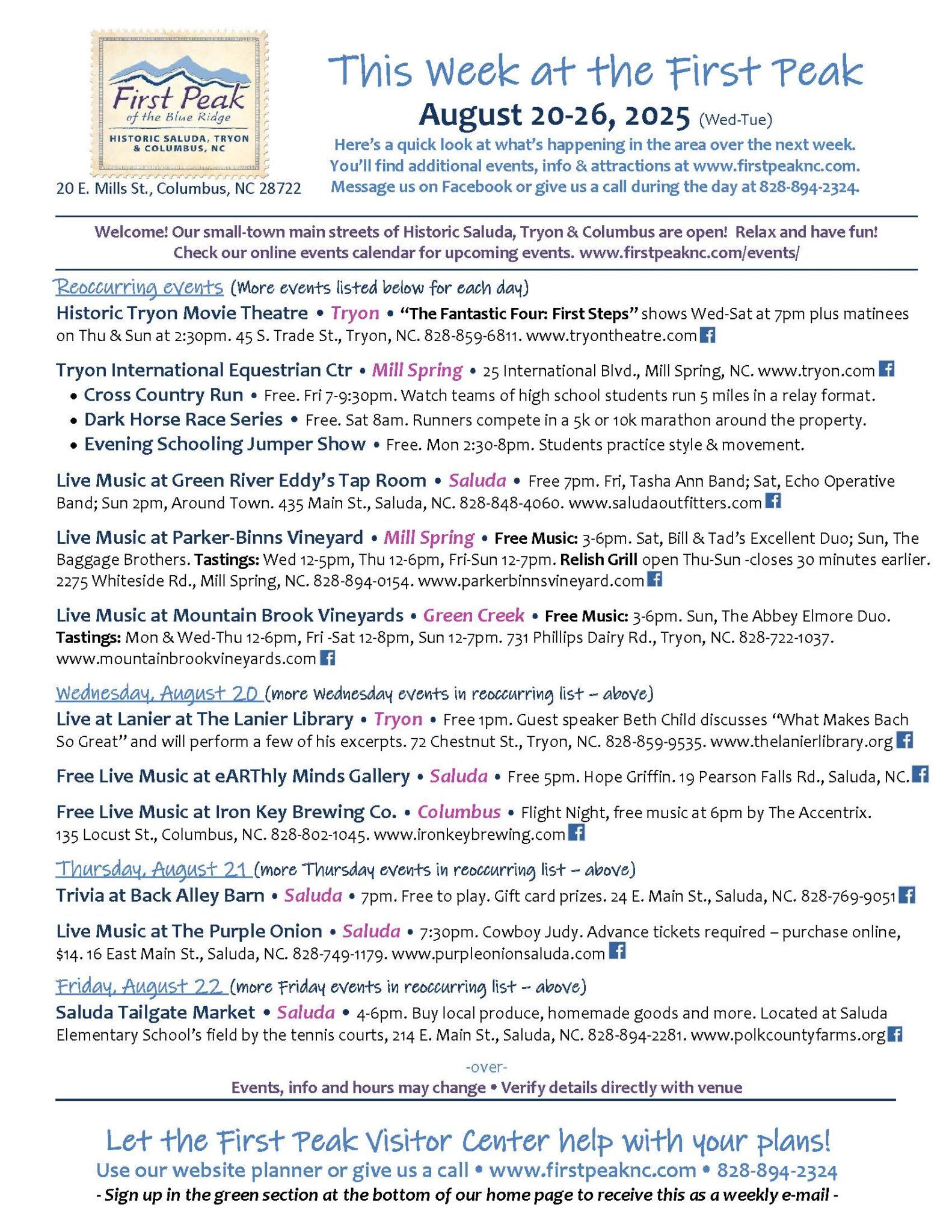 This Week at the First Peak – Events for Aug 20-26, 2025 - First Peak ...